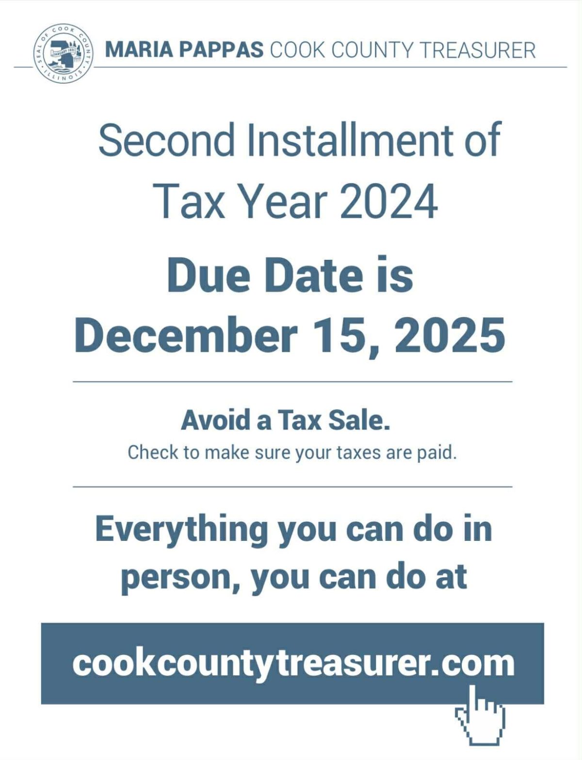 MARIA PAPAS CALLS ON COOK COUNTY TAXPAYERS: “Pay the second installment ...